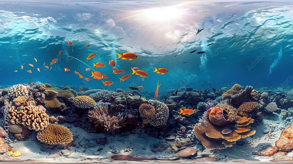 Underwater panorama 360 of coral reef on the red sea under water ocean ...