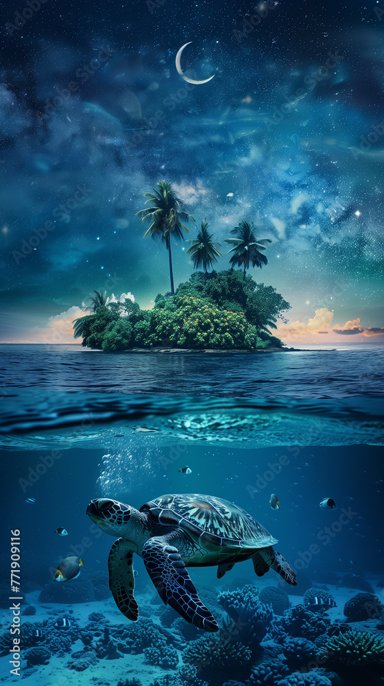 scenic Beach with island and coconut trees with turtle under water at dramatic night sky with ...