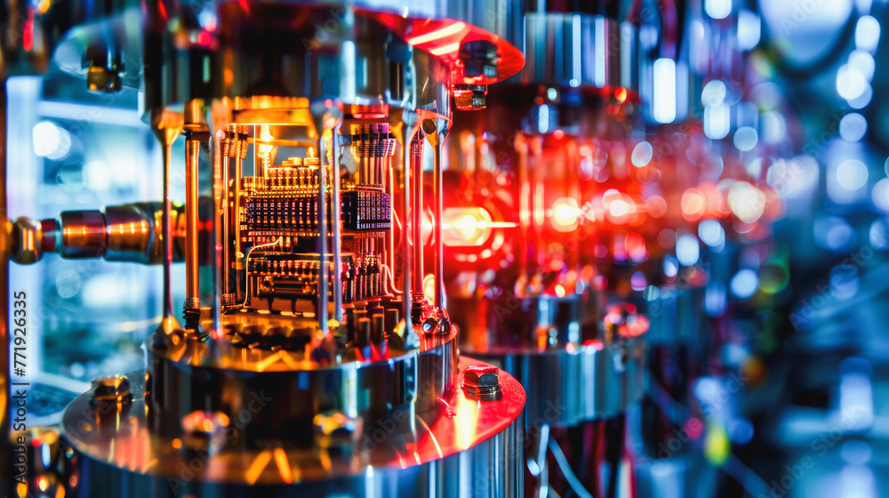 Quantum computer, gold silver mechanism isolated on white background ...