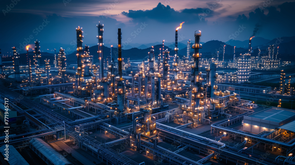 Twilight descends on an expansive oil refinery, with its complex ...