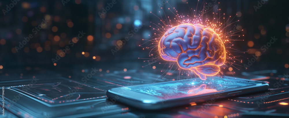 Hologram brain projection floating out from smartphone, neural network concept. Innovative ...