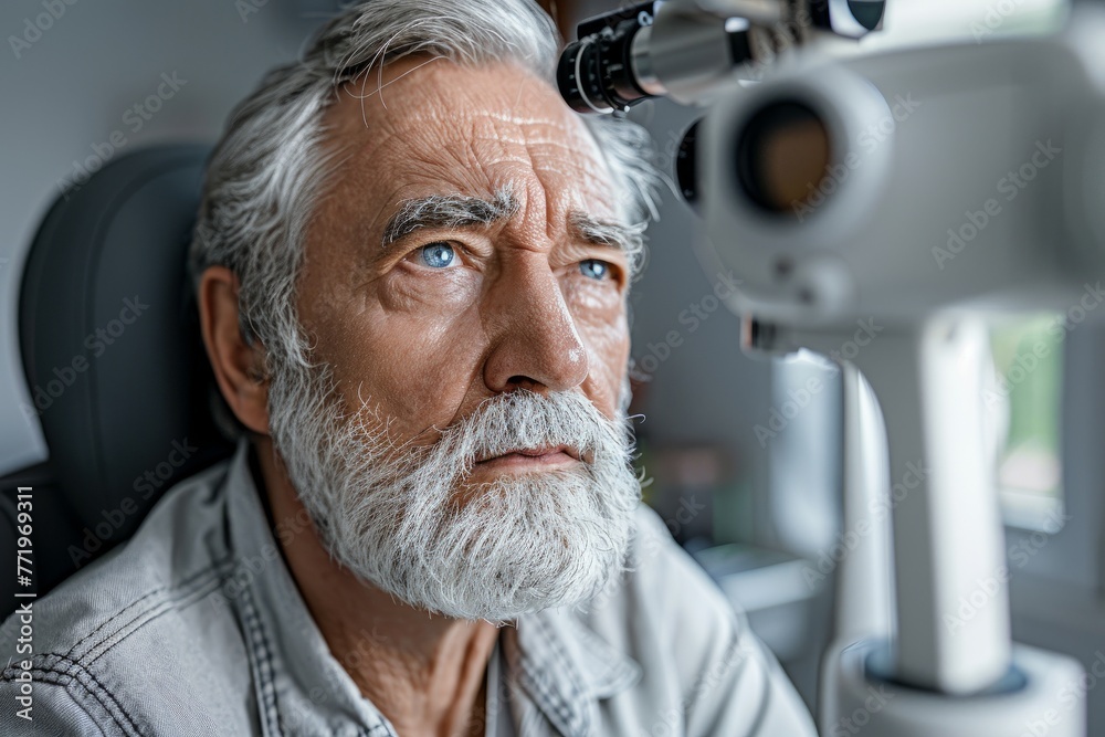 Elderly man undergoing an eye exam, reflecting health, age, and care ...
