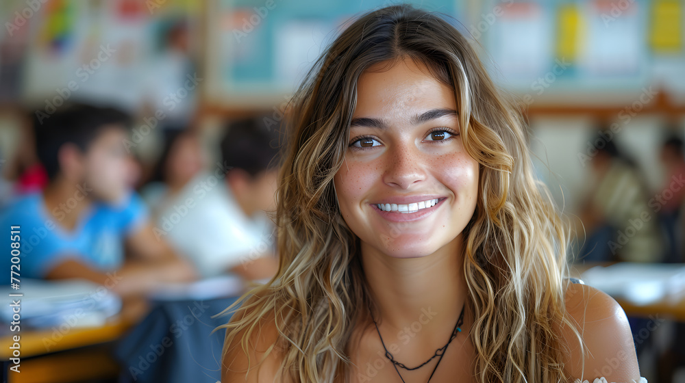 Latino female college student sitting a classroom smiling, student ...