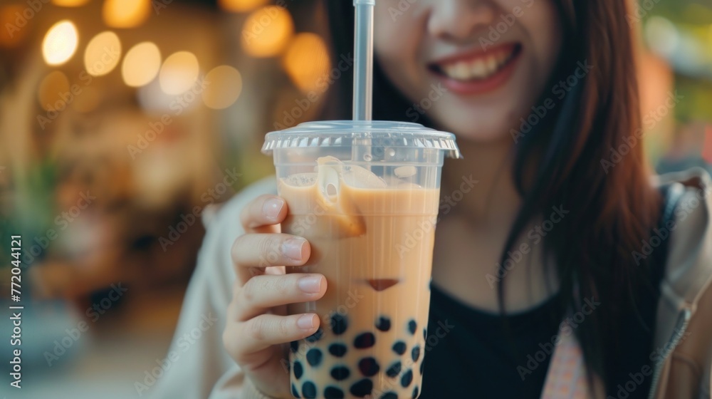 Beverage concept. Happy Asian woman holding a plastic cup of pearl milk ...