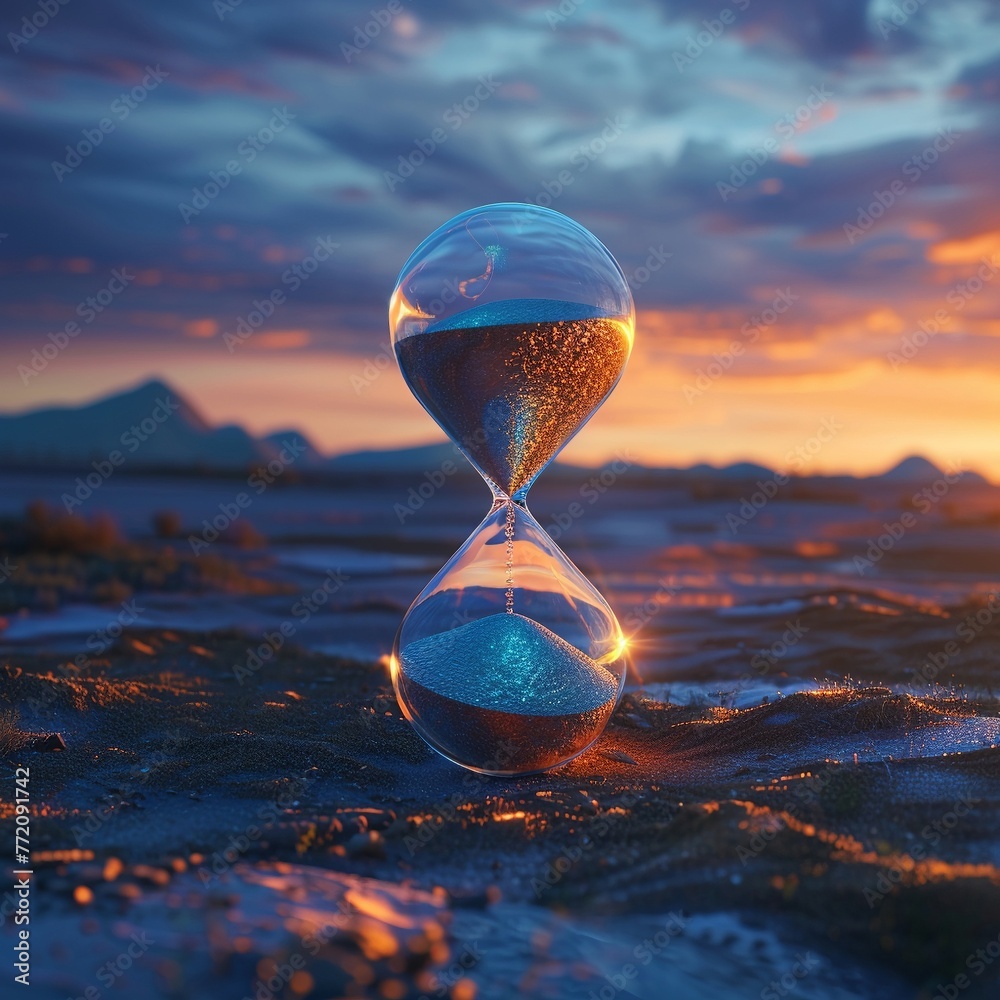 Timereversing hourglass, sands of past and future blending, twilight ...