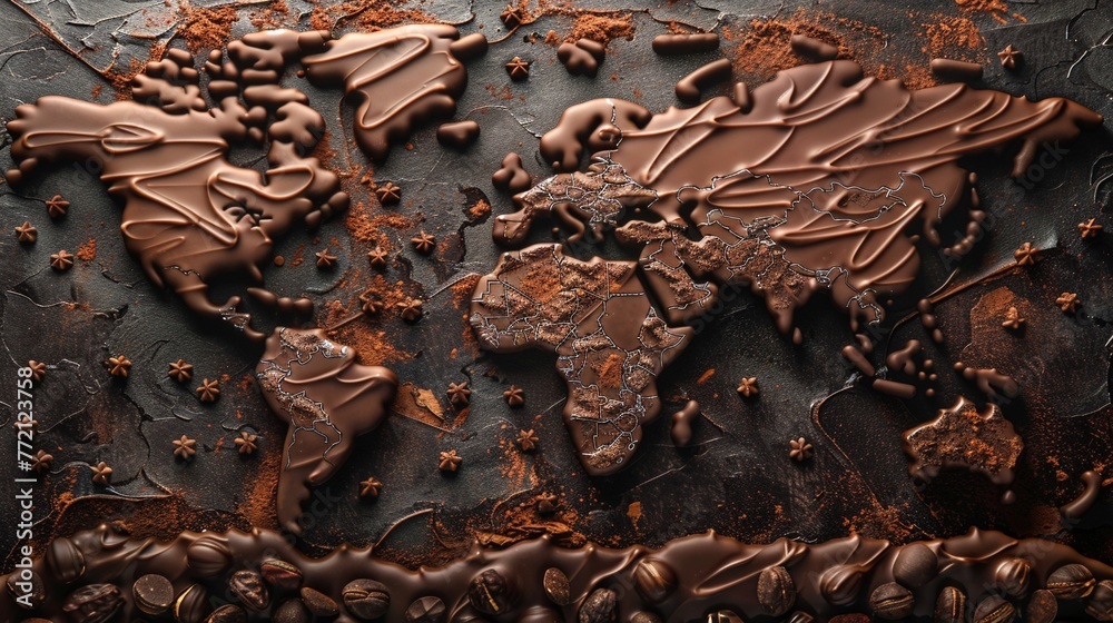 World map in chocolate, continents covered with dark and milk chocolate ...
