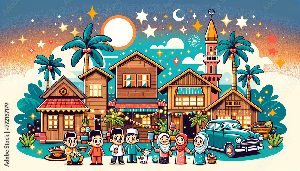 Hari Raya Aidilfitri illustration with muslim family character and ...