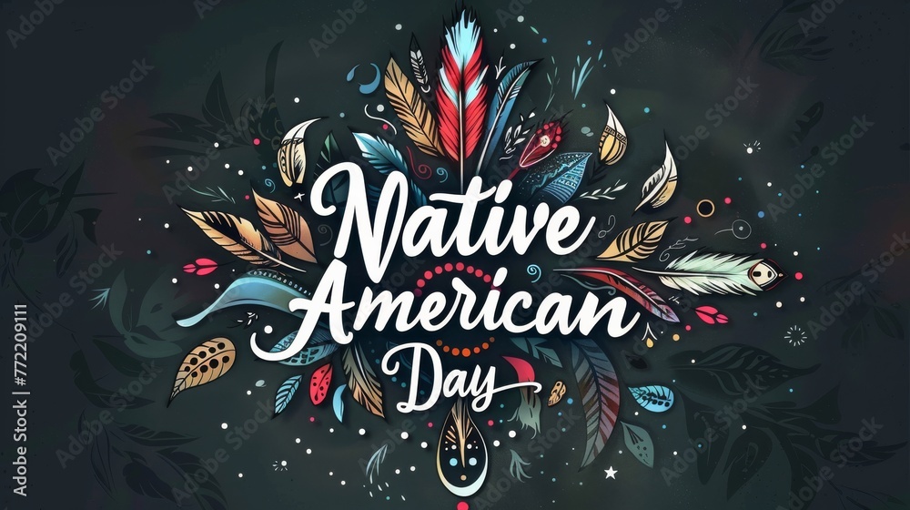 Native American Day - calligraphy lettering on background with feathers ...