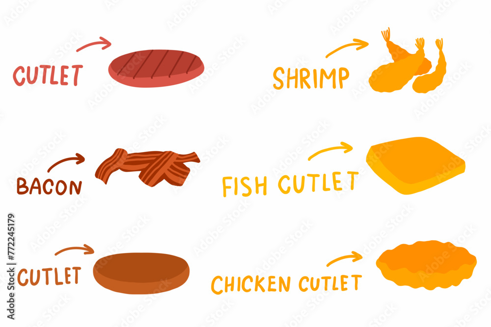 Collection of fried cutlets for burger and sandwich in hand drawn ...