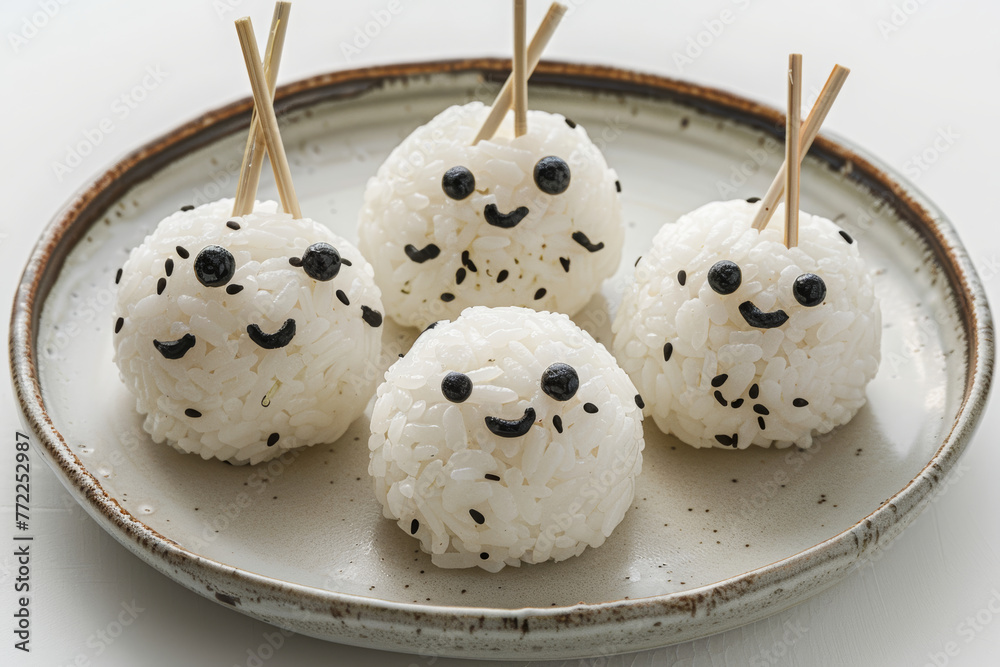 A humorous setup of onigiri rice balls arranged to resemble a family of ...