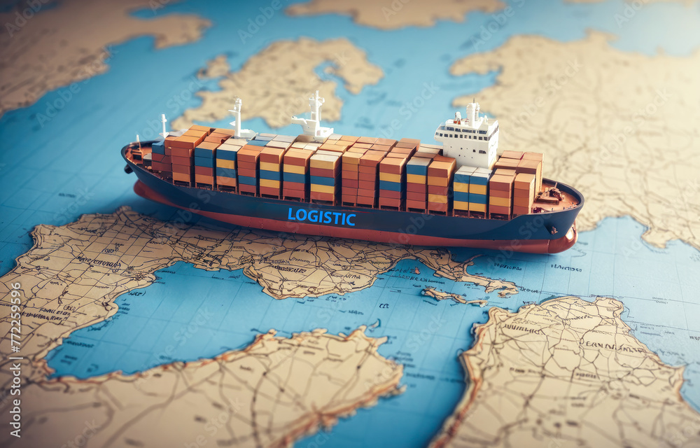 container cargo ship model on world map, transcontinental ...