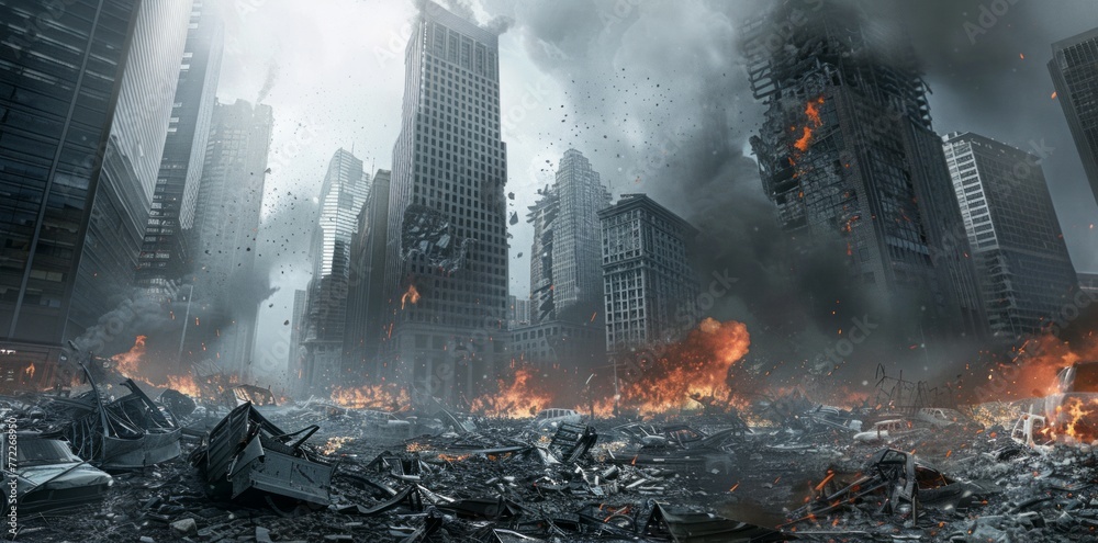 Devastating aftermath of a city ravaged by disaster, depicting ...