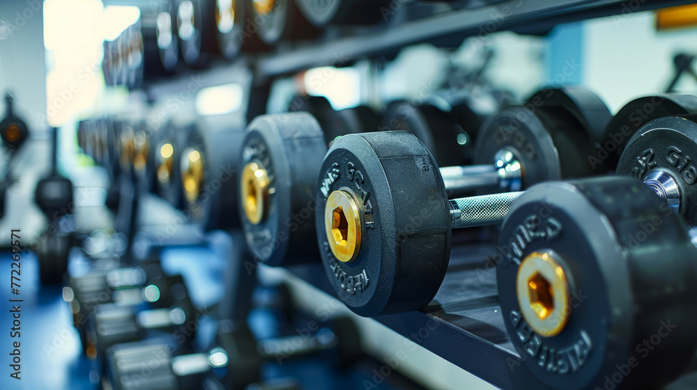 Aligned dumbbells on rack in gym with blue tones and focus on weights ...