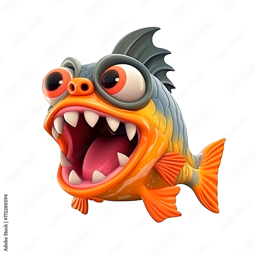Scary toothy predatory fish piranha, funny cute cartoon 3d illustration ...