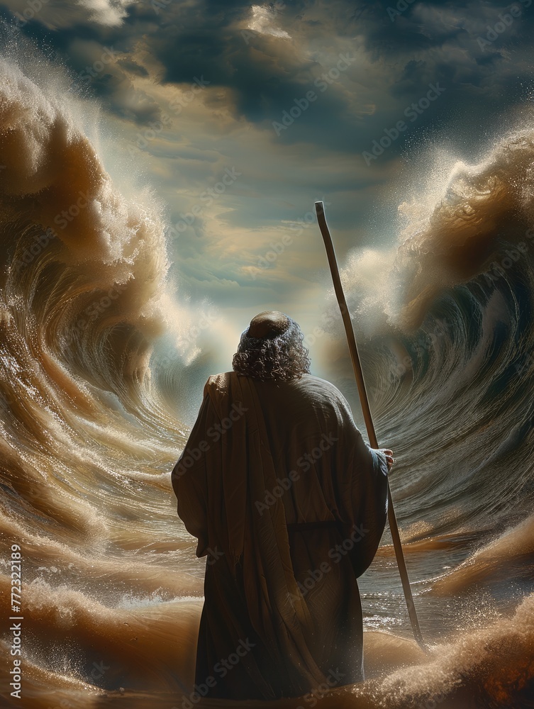 Portrait of the biblical back view of Moses dividing the sea with his ...