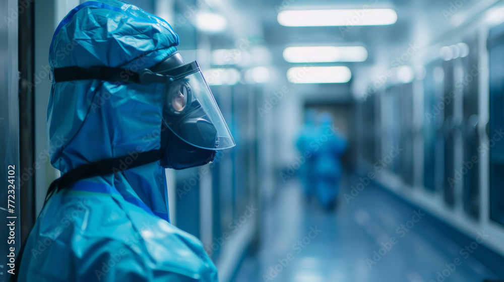 Personal protective equipment (PPE) kit in focus, locker room blurred ...
