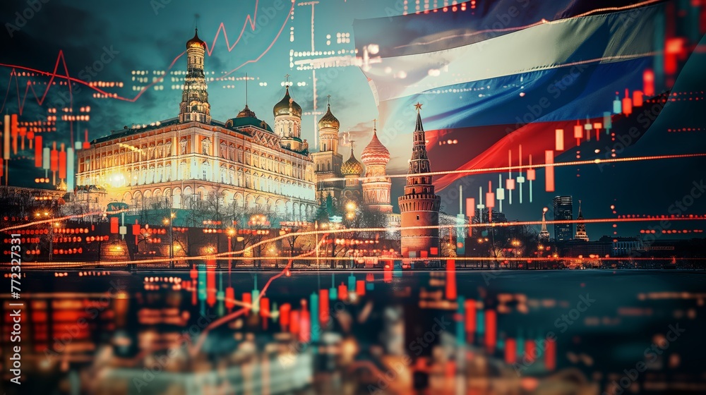 Moscow Russia Kremlin red square skyline with stock exchange trading ...