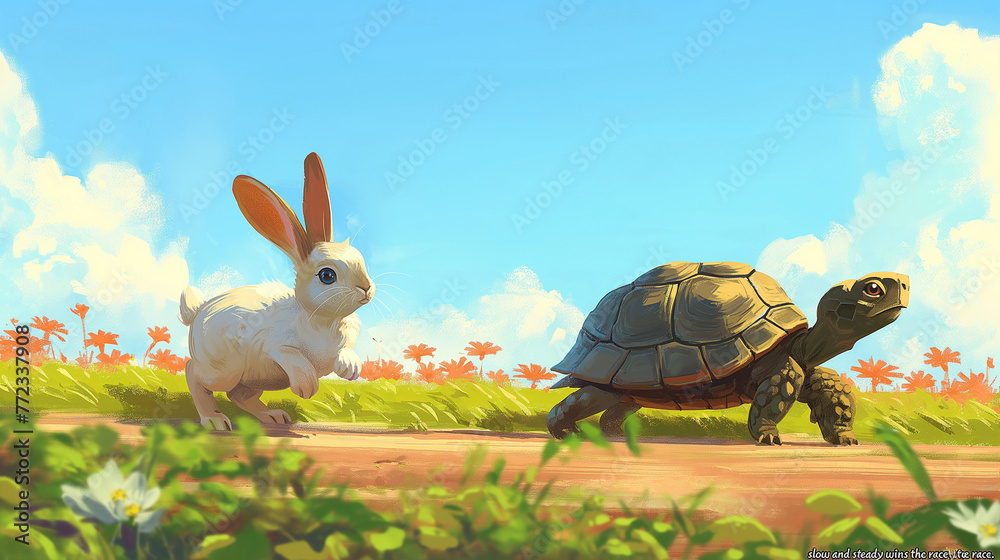 The Classic Race Between Rabbit and Tortoise Stock Illustration | Adobe ...