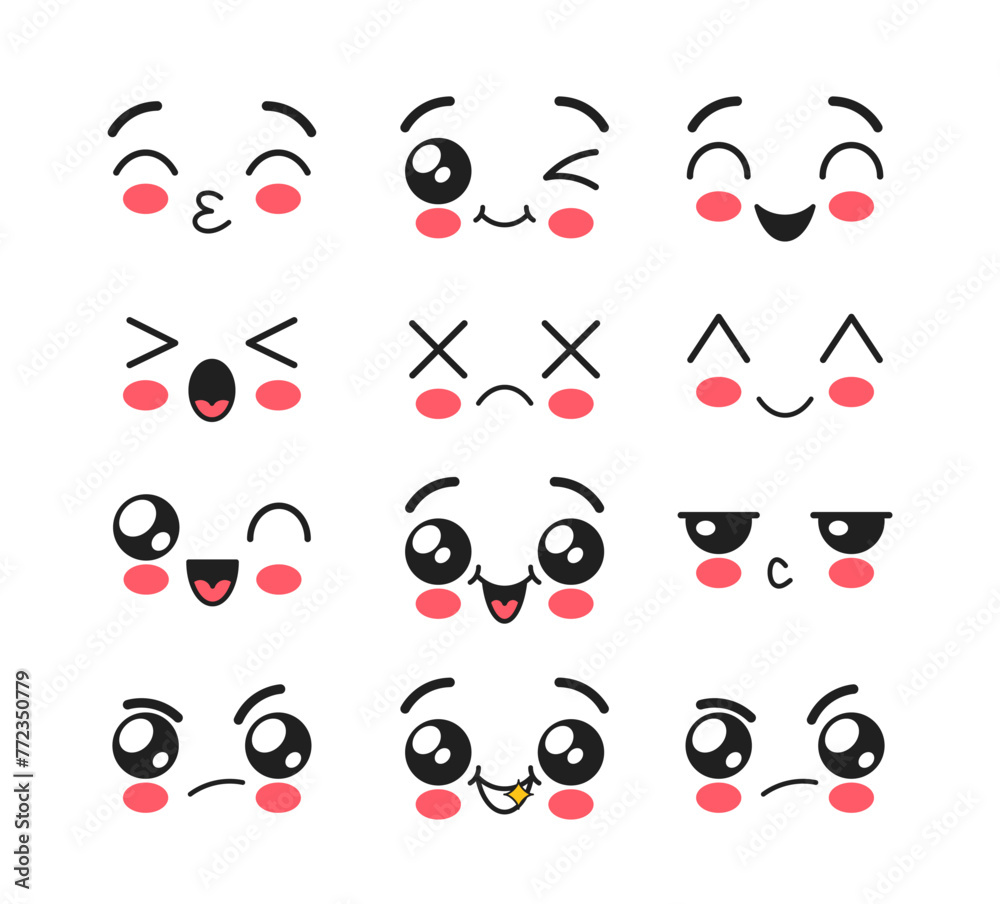 Cartoon Kawaii Emojis, Conveying Warmth And Innocence. Endearing Faces ...