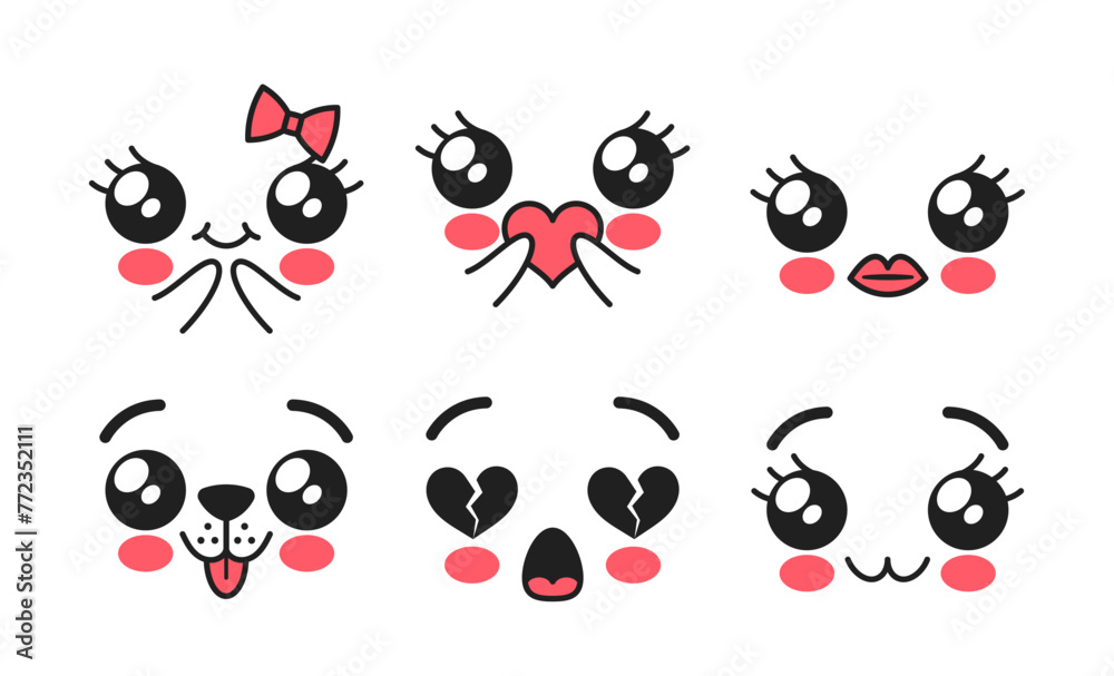 Kawaii Cute Face Emojis, Endearing Facial Expressions With Large ...