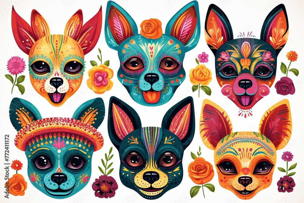 Ilustração pattern with calavera sugar skull black cats , dogs in ...