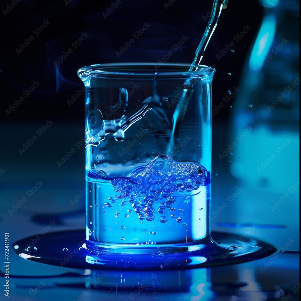 Chemical reaction in a beaker, showing a sudden color shift from clear ...
