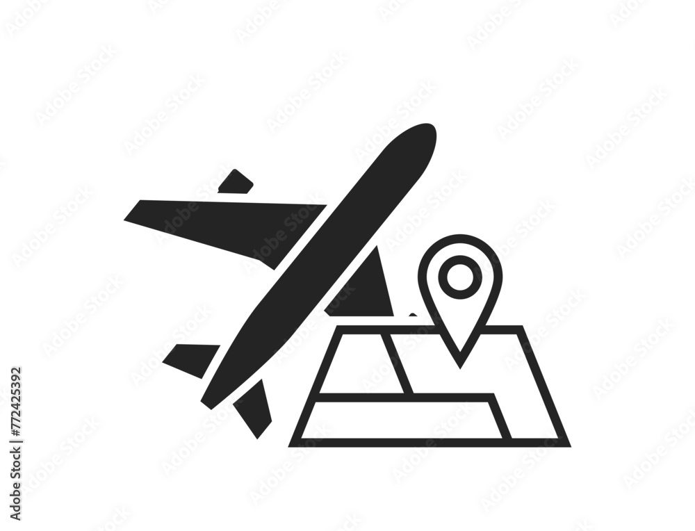air travel destination icon. plane and map with location pin. vacation ...