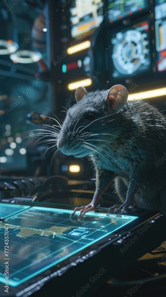 Hyperrealistic and scifi inspired lab scene, a rat with artificially ...