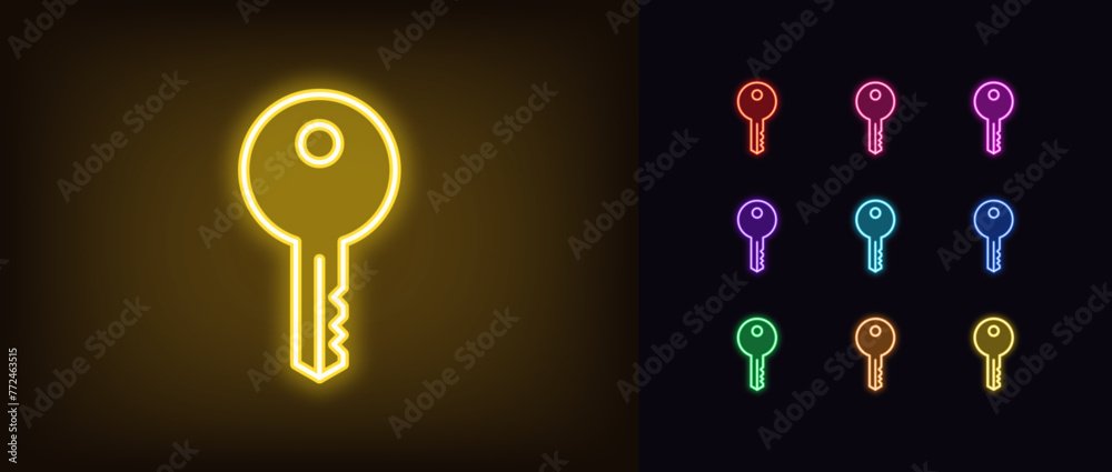 Outline neon door key icon set. Glowing neon key sign for house lock ...