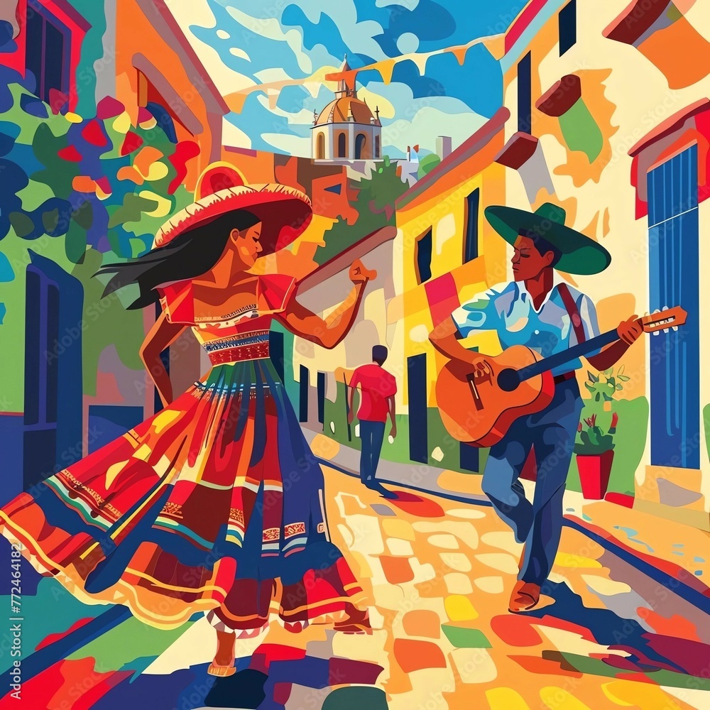 Mariachi is a young Mexican musician playing guitar and a beautiful ...