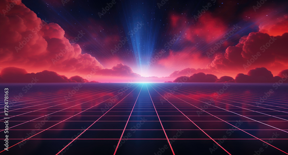 Red grid floor line on glow neon night red background, Synthwave ...
