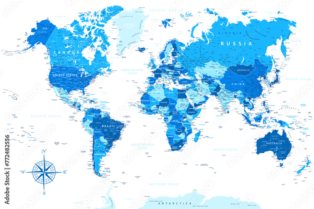 World Map - Highly Detailed Blue Colored Vector Map of the World ...