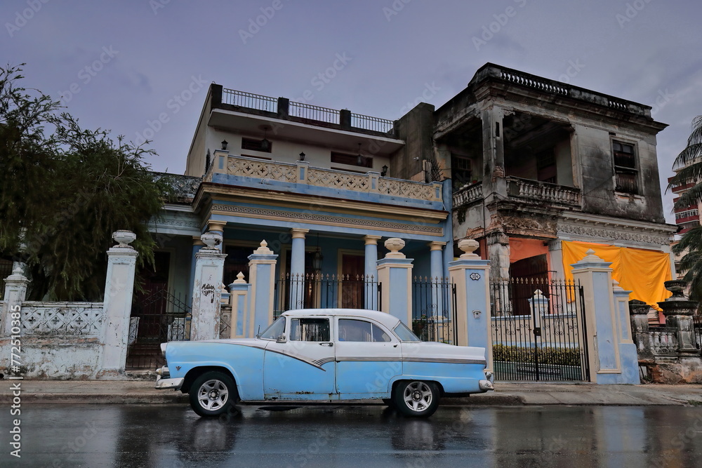 Old green almendron car -1955 Ford classic- stationed on Calle Linea ...
