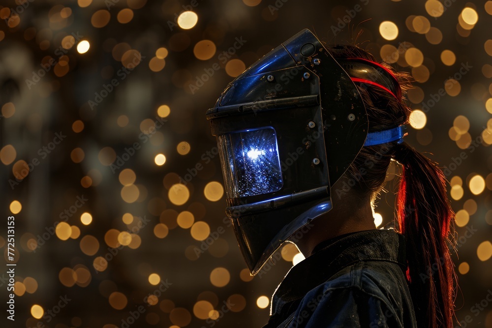 Steel foundry protective equipment and helmet surrounded by glow and ...