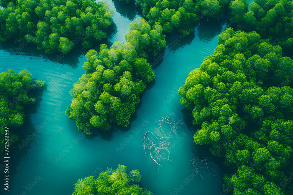 Aerial top view of mangrove forest. Drone view of dense green mangrove ...