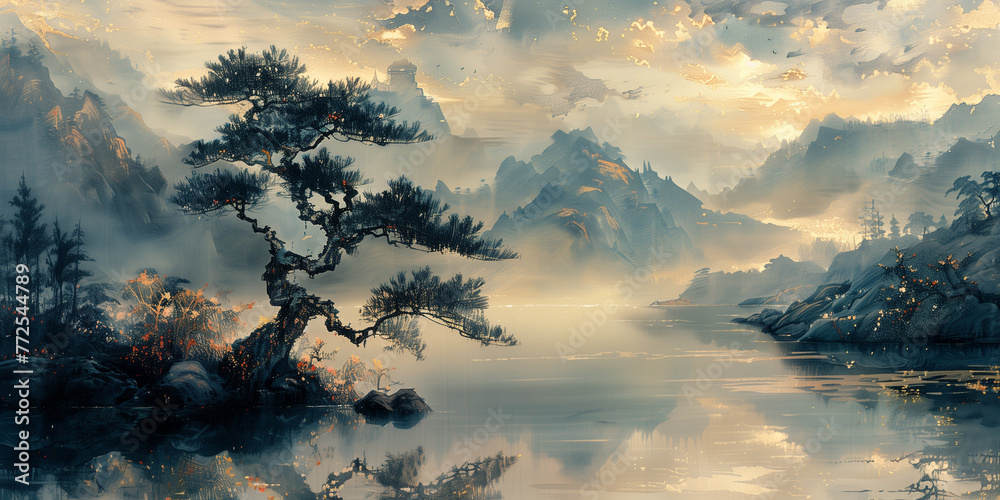 Traditional eastern art. Ink painting. Zen. ancient scroll. Fantasy ...