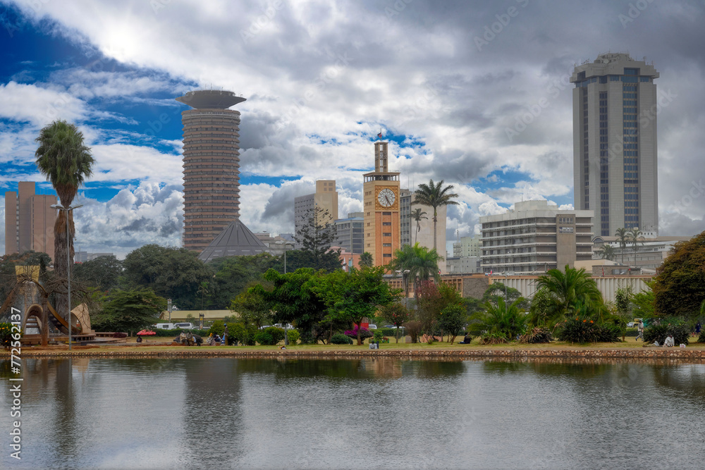 Serene Urban Park in Nairobi, Kenya with KICC Tower, City Hall Clock ...
