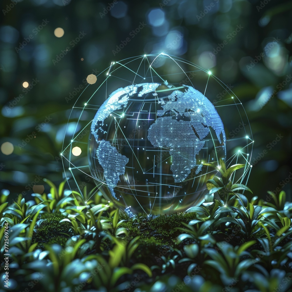 Silhouette of a globe with natural and tech elements, on a global ...