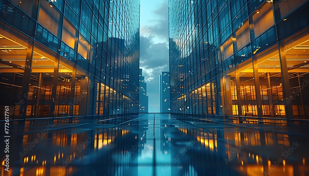 Reflective skyscrapers, business office buildings. Low angle ...
