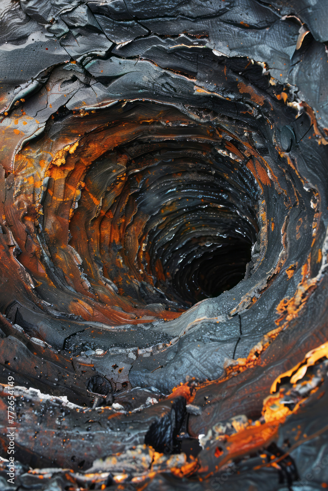 A large underground mining system, known as a pit, is viewed in ...