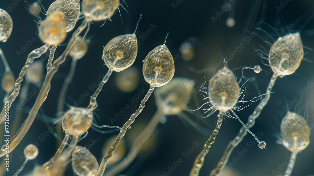 A series of conidia in different stages of growth with some still ...