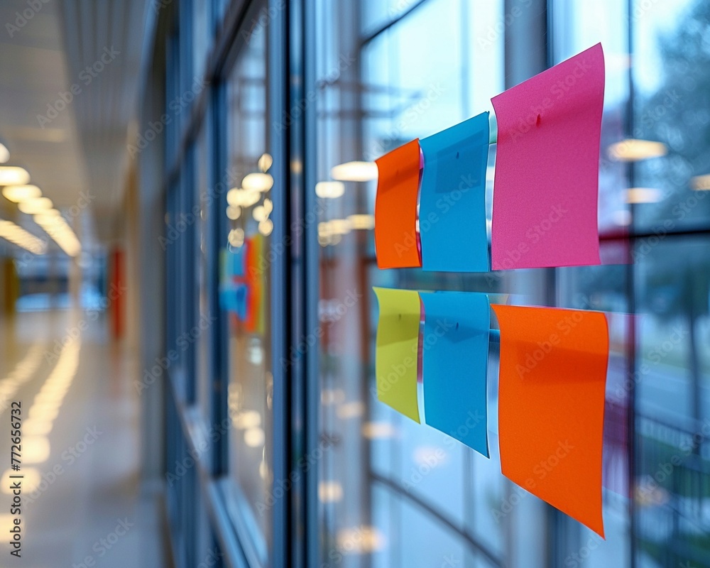 Color notes or sticky notes adhered to a glass wall in an office during ...