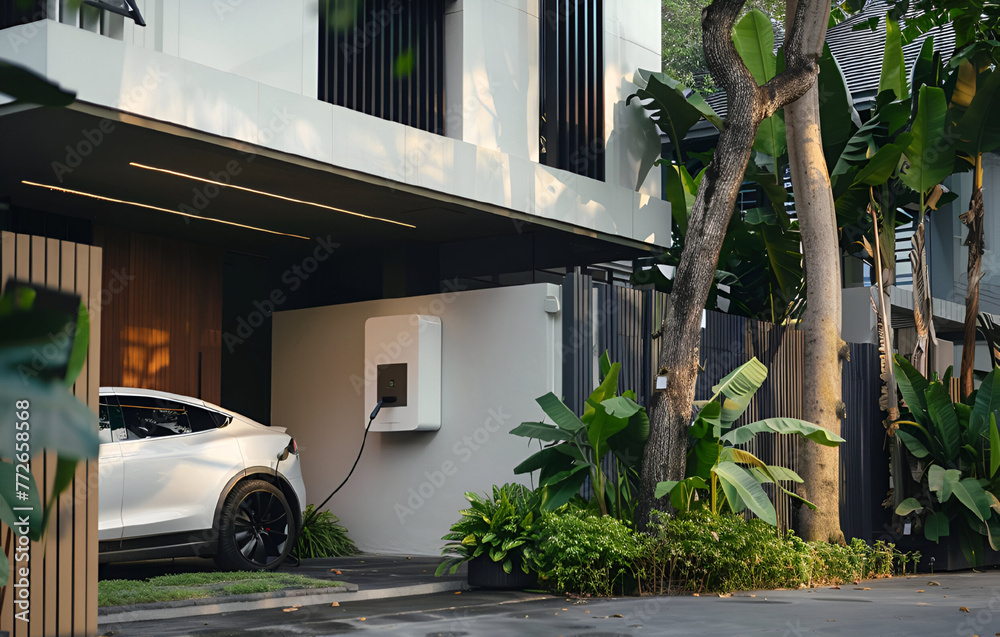 Electric vehicle EV car is being charged from a wallbox on a ...