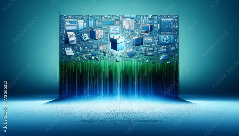 Conceptual depiction of digital transformation and data flow through a futuristic computer ...