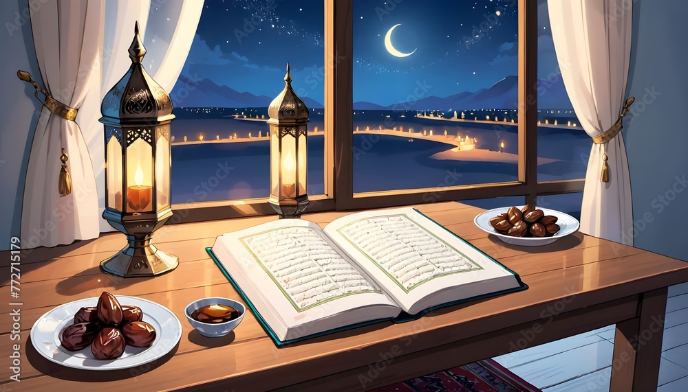 Al Quran, a cup of tea,two plate of dates fruits and lattern beside ...