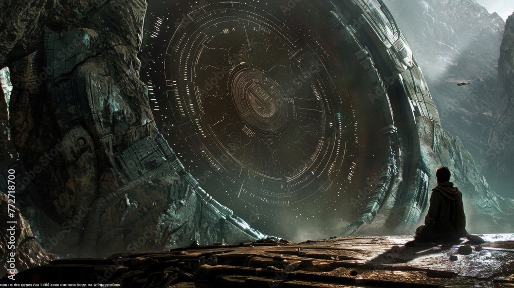 In the presence of an enigmatic alien artifact a lone explorer gazes at ...