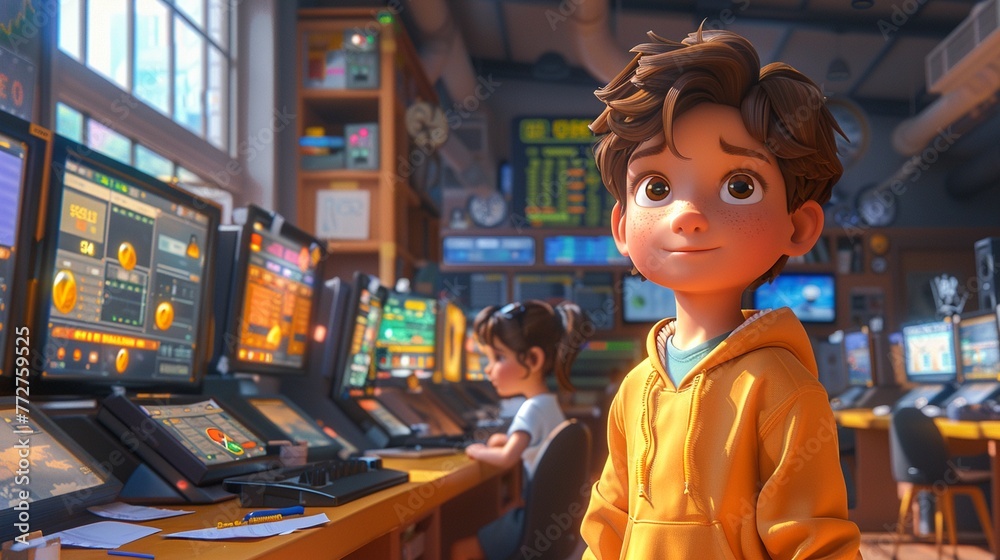 A vibrant 3D cartoon of a financial education classroom, with kids ...