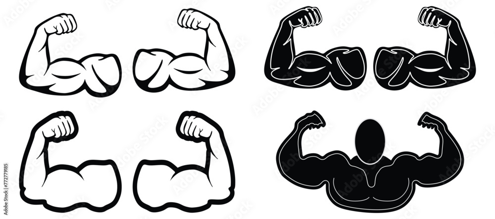 Arm Muscle Flex Strong emoji line black icon set . Bodybuilder vector ...