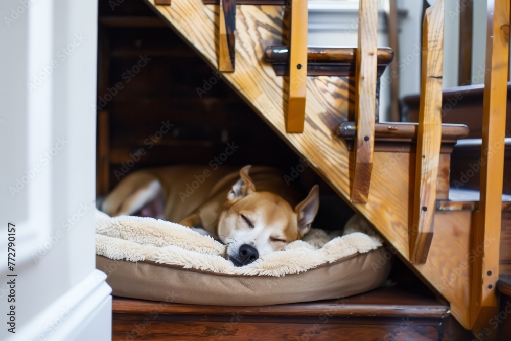 pet dog napping in a bed tucked under stairway Stock Photo | Adobe Stock