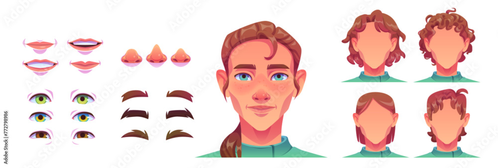 Young man face avatar construction kit with different haircuts and eyes ...